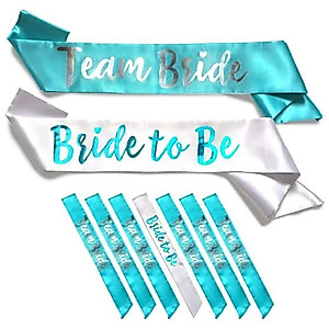 GDTO8820 Team Bride 7pc Satin Sash Set - Sophisticated & Fun Party Favors for Bachelorette Party, Bridal Shower & Wedding Party (7pc Set, White & Light Blue)