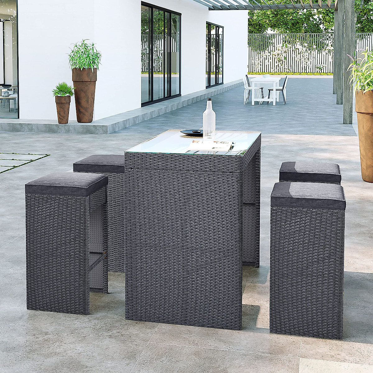 OPTOUGH 5-Piece Rattan Outdoor Patio Furniture Set Bar Dining Table with 4 Stools, Cushion+Gray Wicker