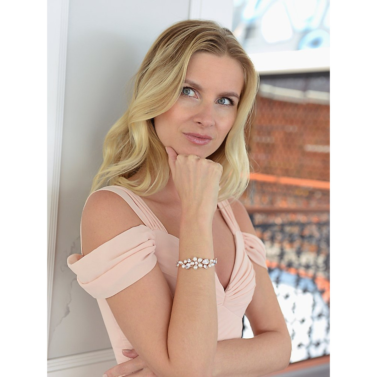 Mariell Pink Rose Gold Plated Cubic Zirconia Crystal Cultured Freshwater Pearl Bridal Wedding Bracelet