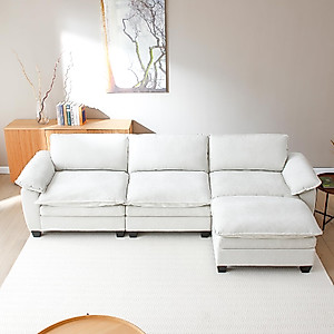 mestyl Comfy Sectional Couch with Ottoman, L Shaped 3 Deep Seat Fluffy Cloud Sofa, 120" Modern Modular Soft Couches Set for Living Room, Chenille, Beige White, MT001