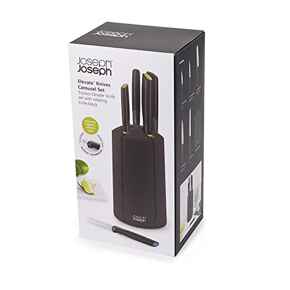 Joseph Joseph 10527 Elevate Knives Carousel Knife Set with Rotating Storage Stand, 6-piece, Black (updated)