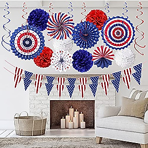 26PCS Patriotic Party Decorations, 4th/Fourth of July American Flag Party Supplies Red White Blue Hanging Paper Fans, Tissue Paper Pom Poms, Star Streamers for American Theme Party