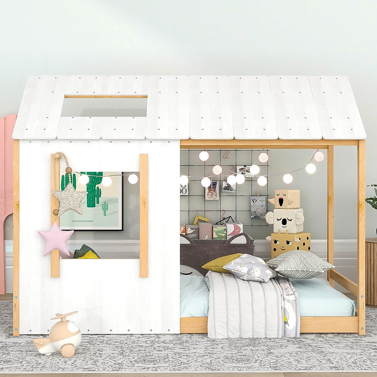 Twin Size Montessori Bed Frame, Twin Size House Floor Bed Frame with Headboard, Roof and Window, Wood Montessori Floor Bed for Kids, Twin Size Bed Frame Natural Antique White