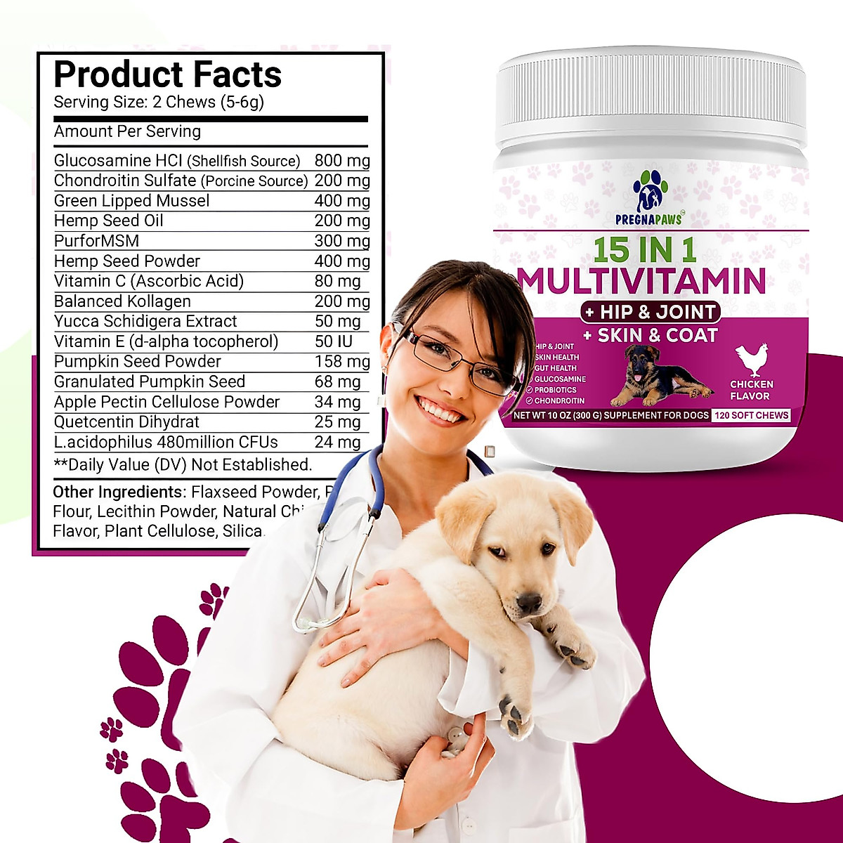 Dog Multivitamin with Vitamin C and E for Skin & Coat + Immune Health - 120ct - Glucosamine Chondroitin for Hip and Joint Support - Probiotics for Healthy Gut Flora - Postnatal Support