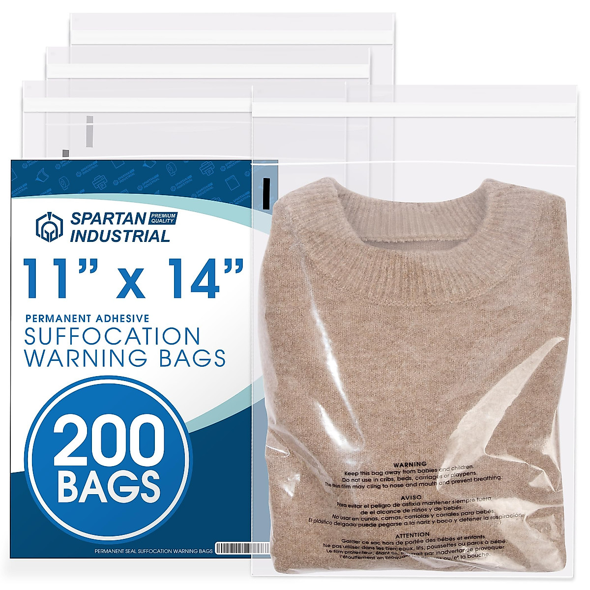 Spartan Industrial - 11” X 14” (200 Count) Self Seal Clear Poly Bags with Suffocation Warning for Packaging, T Shirts & FBA - Permanent Adhesive