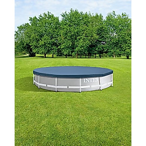 INTEX 28031E Pool Cover: For 12ft Round Metal Frame Pools – Includes Rope Tie – Drain Holes – 10in Overhang – Snug Fit