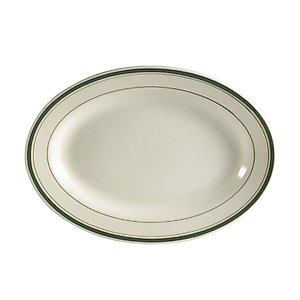 CAC China GS-12 10-3/8-Inch by 7-1/8-Inch Greenbrier Green Band Stoneware Oval Platter, American White, Box of 24