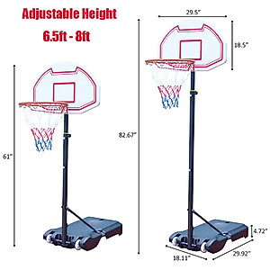 Sibosen Basketball Hoop Outdoor, 6.5-8ft Height Adjustable, Portable Basketball Goal System w/Wheels, 29 Inch Backboard, Swimming Pool Basketball Hoop & Goal for Kids/Adults Indoor