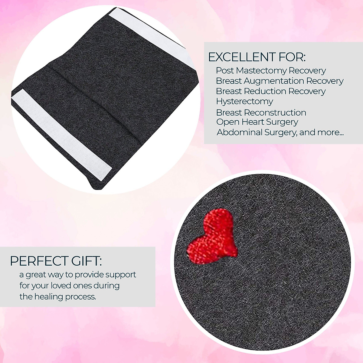 The Breast & Chest Buddy Seatbelt Cushion for Open Heart Surgery and Chest Reconstruction Sites- Charcoal with Small Red Heart