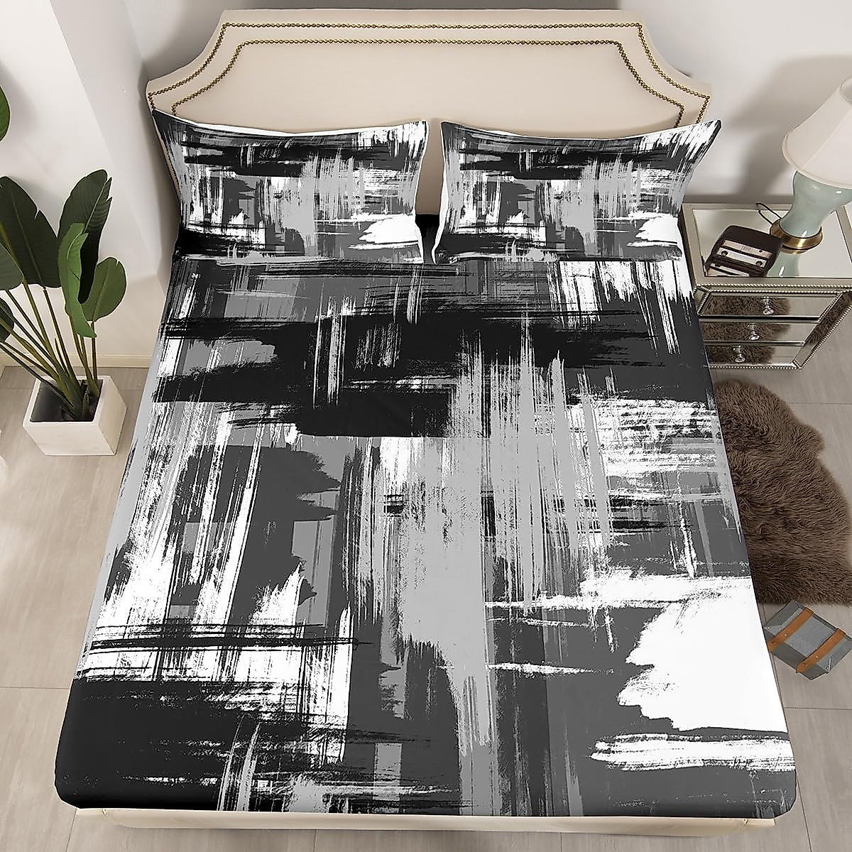 Feelyou Grey Black White Abstract Bed Sheets Set King Size Geometric Sheet Set for Kids Stripe Line Sheets with Deep Pocket Fitted Sheet Women Men Teens Ultra Soft Decor Modern Art Bedding Set