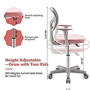 Costzon Kids Desk Chair, Children Study Computer Chair with Adjustable Height, Lumbar Support, Sit-Brake Casters, Swivel Mesh Seat, Ergonomic Kids Task Chair for 3-10, Home, School, Office (Pink)