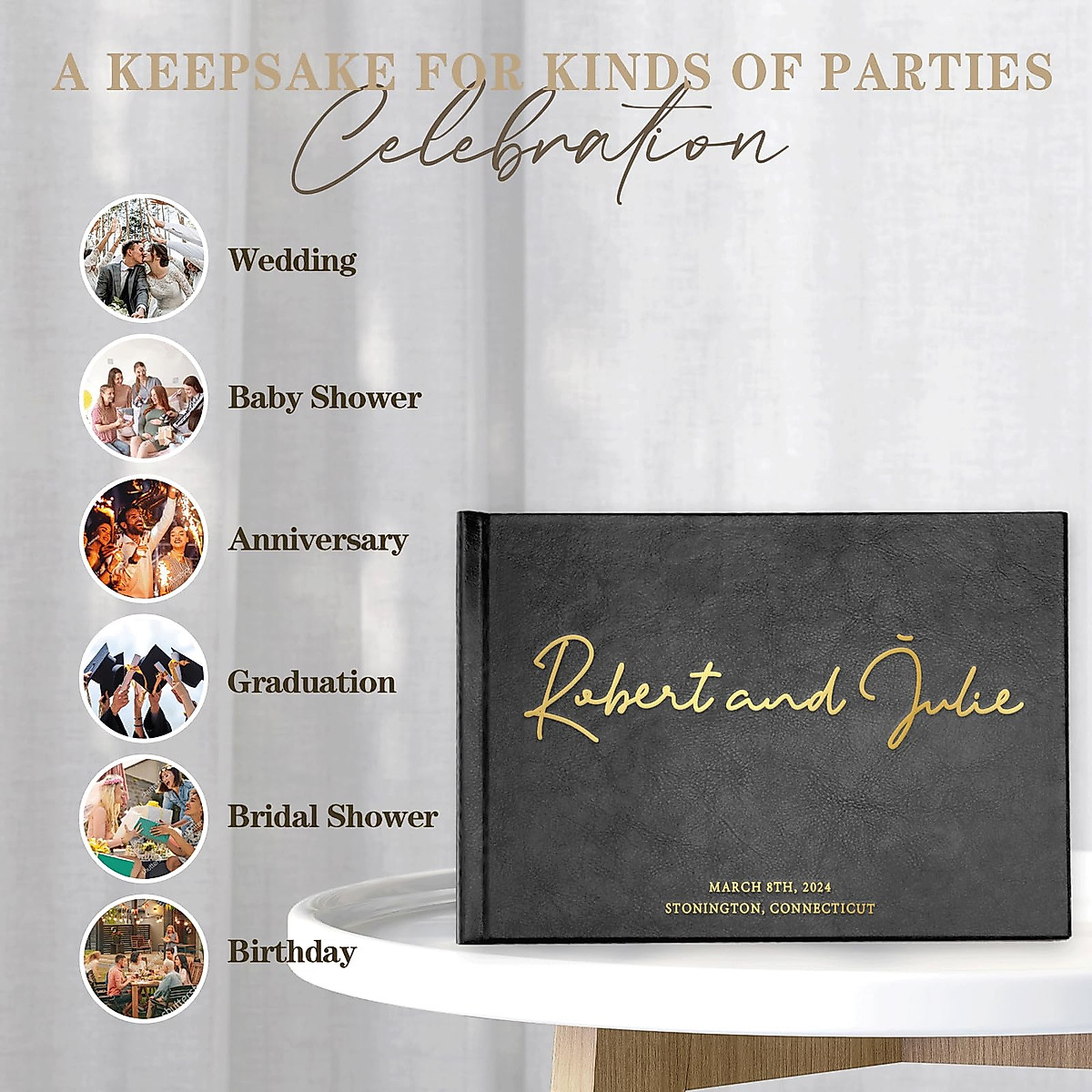 Personalized Wedding Guest Book, Elegant Hardcover Guest Sign in Book for Wedding Reception, Birthday, Graduation Party, Bridal & Baby Shower, Custom Guestbook with Gilded Edges & Gold Metallic Foil