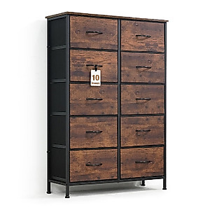 CAPHAUS Drawer Storage Tower w/ 10 Fabric Bins, Laundry Storage, Sorting Unit, Chest of Drawers, Organizer w/ P2 Board Top & Fabric Bins, Organizer Unit for Multi-purpose, Hallway, Office, Rustic Oak