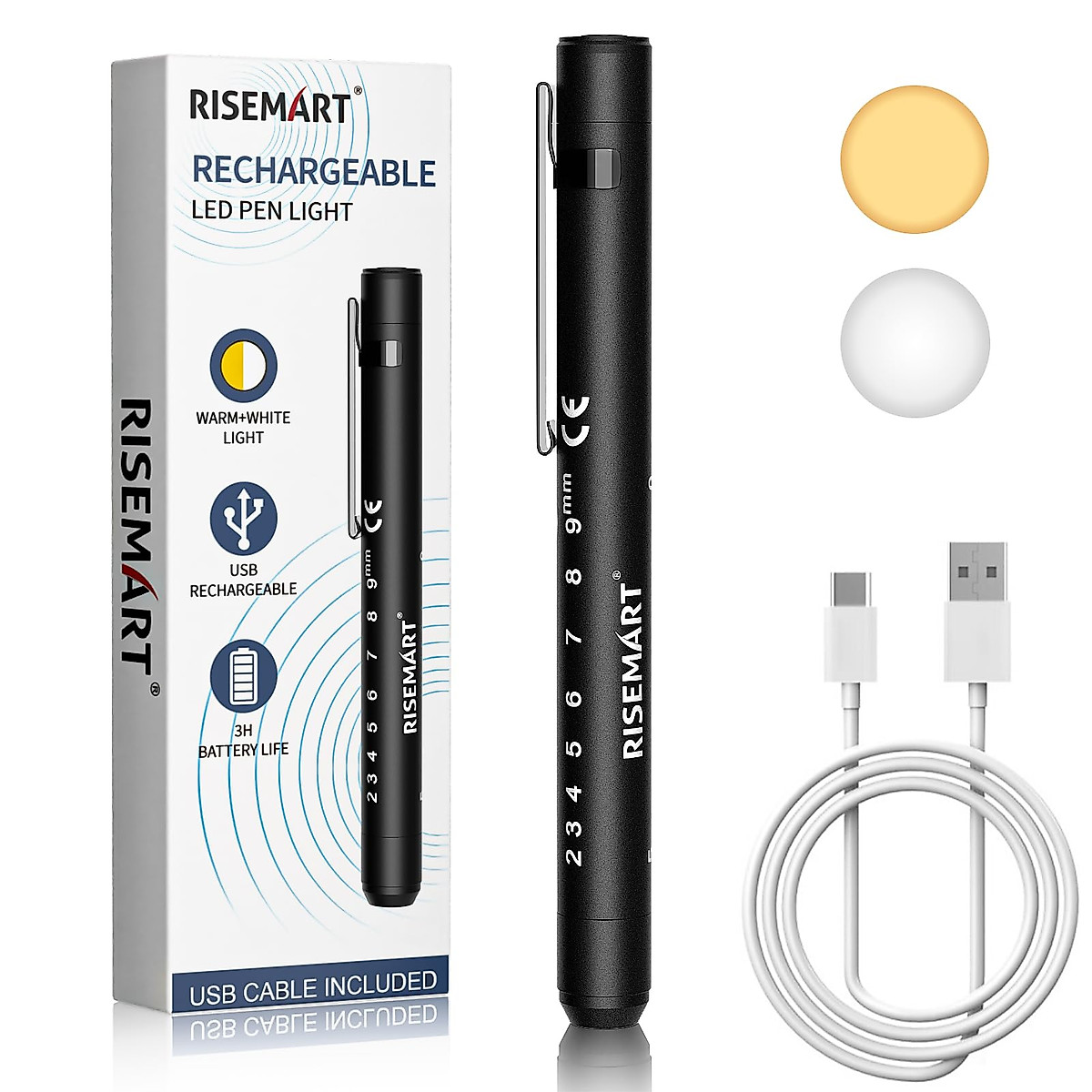 RISEMART Rechargeable Pen Light for Nurse, Rechargeable LED Portable Medical PenLight for Nurse, Doctor, First Aid, EMT, Nursing,Nursing Student,Warm/Cool White Black1