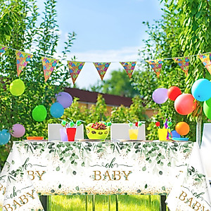 3 Pieces Sage Greenery Oh Baby Tablecloths for Baby Shower Party Decorations Plastic Disposable Gold Foil Eucalyptus Leaf Table Covers for Rectangle Tables Sage Boho Woodland Neutral Party Supplies