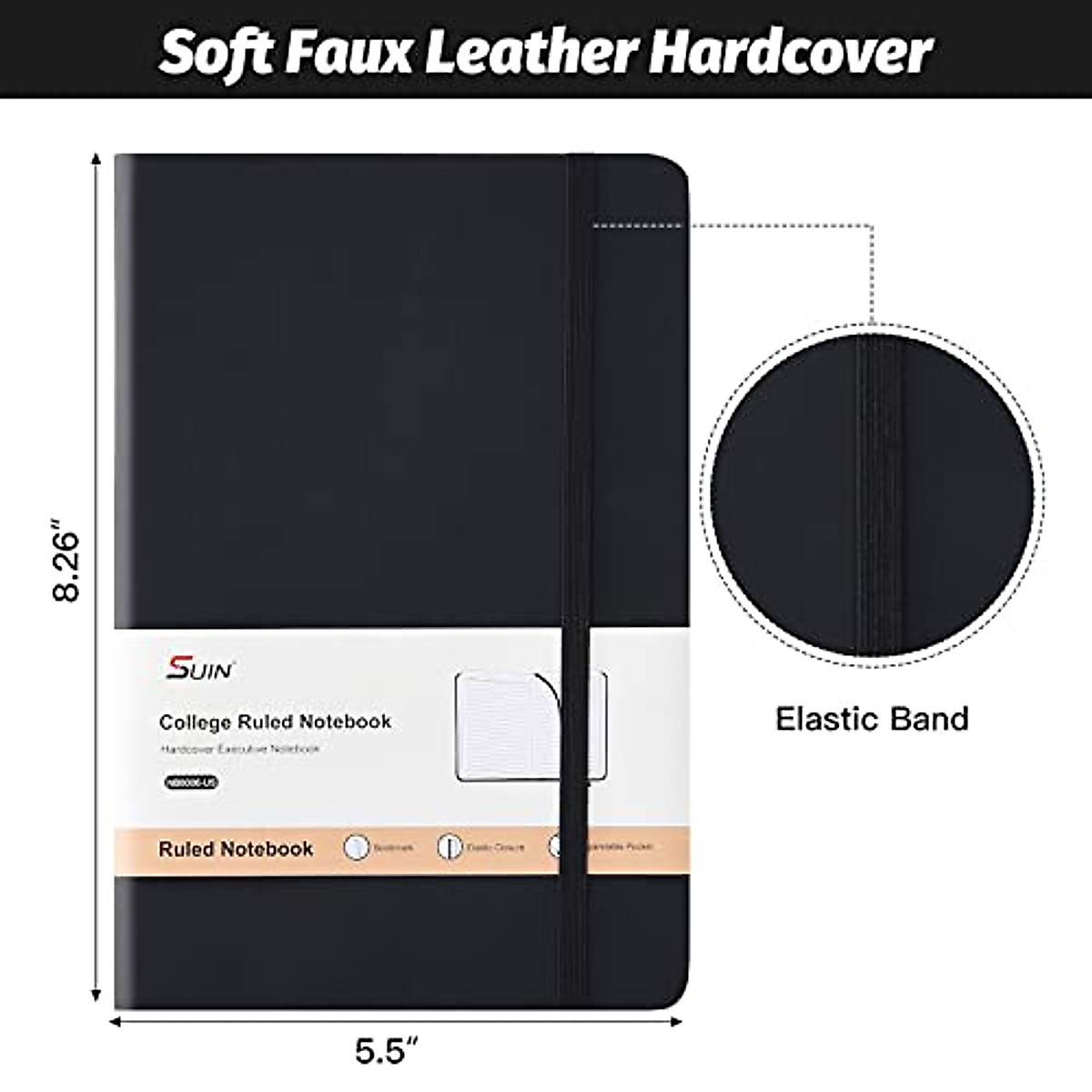 SUIN Hardcover-Journal-Notebooks, A5 Lined Journals Notebook for Writing 200 Pages, 8.2 x 5.5 inch, Classic Ruled Notebooks for Work/Travel/College (Black- 1 Pack)