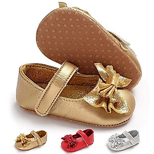 BABITINA Baby Girl Shoes Mary Jane Flats with Bowknot Non-Slip Toddler First Walkers Infant Dress Shoes(6-12 Months M US Infant,A-Gold)