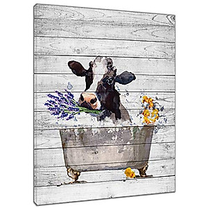 HVEST Funny Cow Wall Art Framed Black White Watercolor Animal Cattle and Purple Lavender Floral Canvas Abstract Painting Modern Artwork Ready to Hang for Bathroom Bedroom Living Room Decor,12x16Inchs