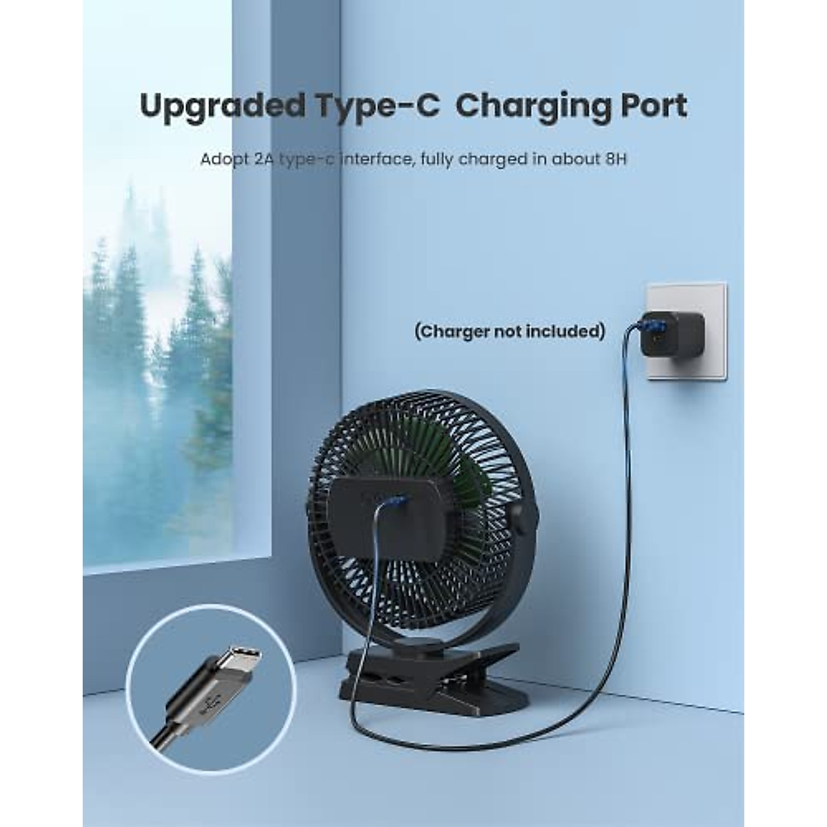 10000 mAh Battery Operated Clip on Fan with 4 Speeds,8 Inch, Max 38 Hrs, Rechargeable Stroller Golf Cart Fans,Quiet, Include Hook for Camping,Strong Wind, Personal Desk Fan, USB Powered,Black