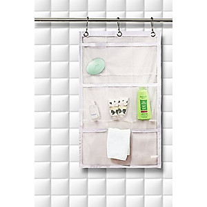 Shower Curtain Bathroom Organizer -9 Pockets- Perfect for Organizing Your Home Bath. Organize Your Toiletries and kid’s Toys in Nine Durable Deep Mesh Pockets. Hang on Existing Shower Curtain Rings.