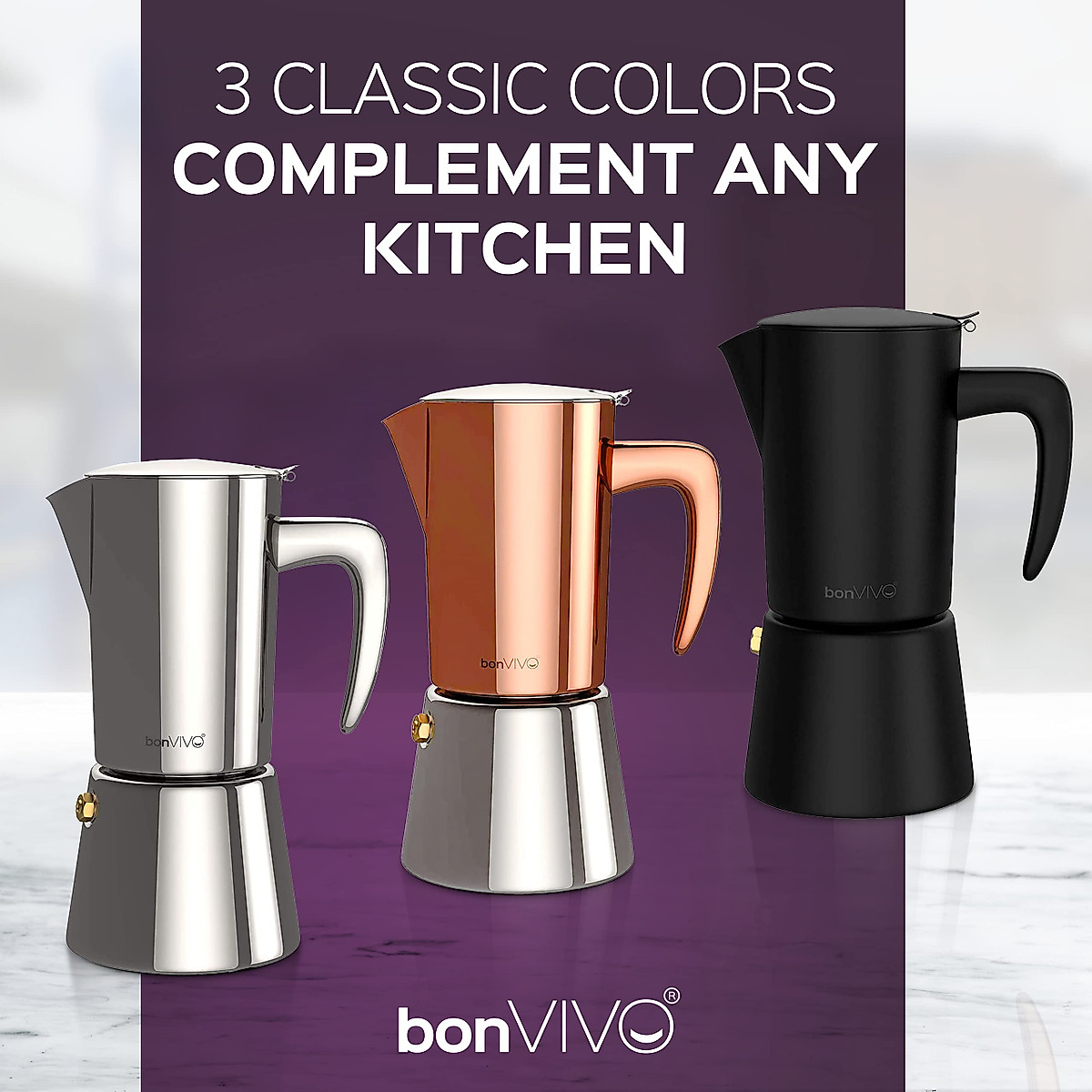 bonVIVO Intenca Stovetop Espresso Maker - Luxurious, Stainless Steel Italian Coffee Maker for Camping or Home Use - Makes 6 Cups of Full-Bodied Coffee - Copper, 10oz