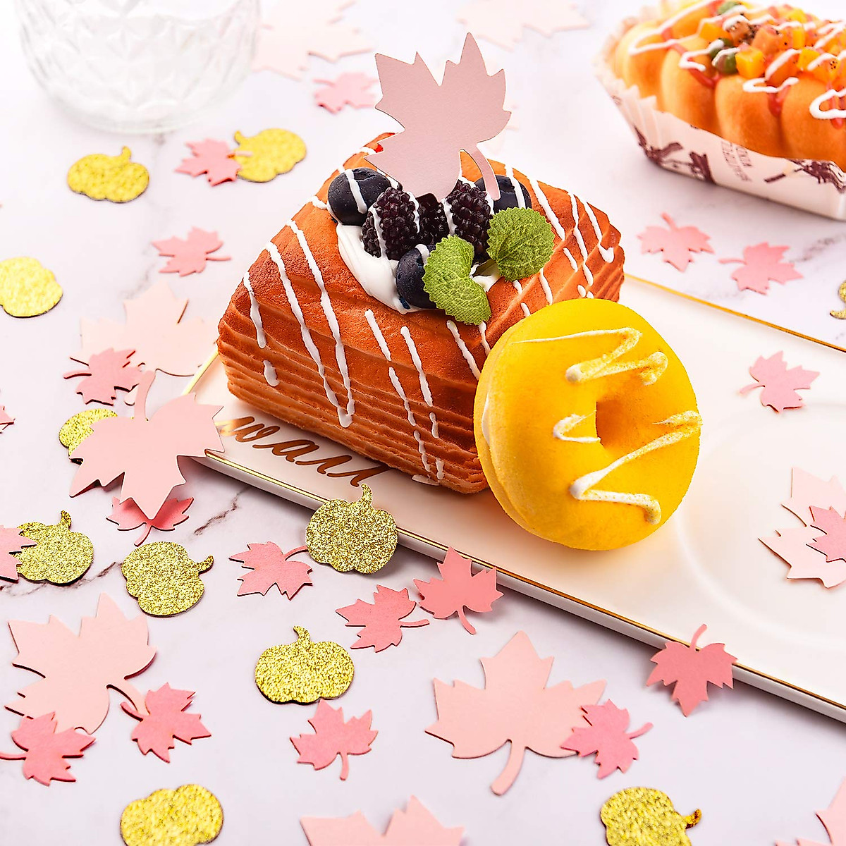 Thanksgiving Pink and Gold Pumpkin Confetti Christmas Baby Shower Maple Leaf Confetti Glitter Thanksgiving Pumpkin Decorations Table Confetti for Baby Girl Birthday Party Supplies (Simple, 200)