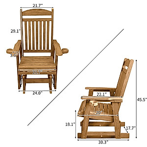 Poly Lumber Patio Glider for One Person, Ergonomic Deep Seat and High Backrest, with Removable Cup Holders, Wood-Like Pattern, Heavy Duty 700 LBS, for Outdoor Patio Garden Yard (Brown)