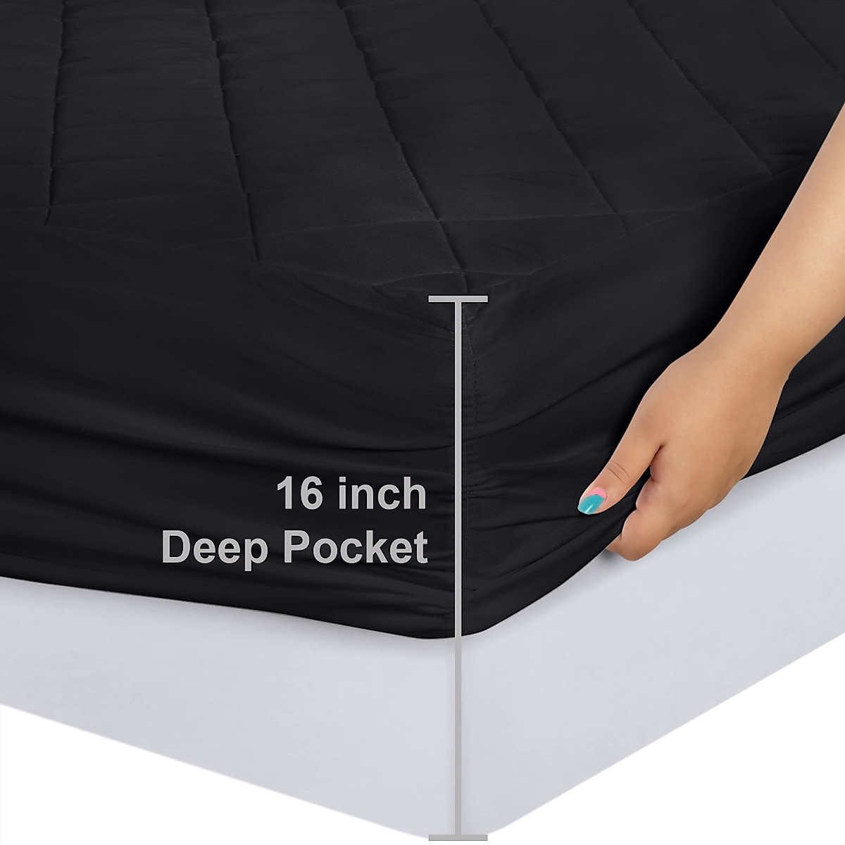 Utopia Bedding Quilted Fitted Mattress Pad, Queen Size, Elastic Fitted Mattress Topper Protector and Cover Stretches up to 16 Inches Deep, Machine Washable (Black)