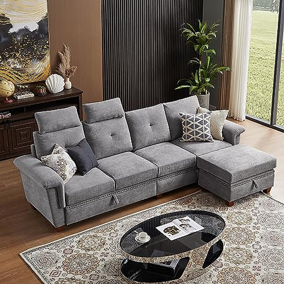 Pingliang Home Convertible Sectional Sofa with Storage, 4 Seat L Shaped Couch with Chaise and Cup Holder, Modern Microfiber Fabric Sofas Couches for Living Room, Apartment, Office (Light Grey)