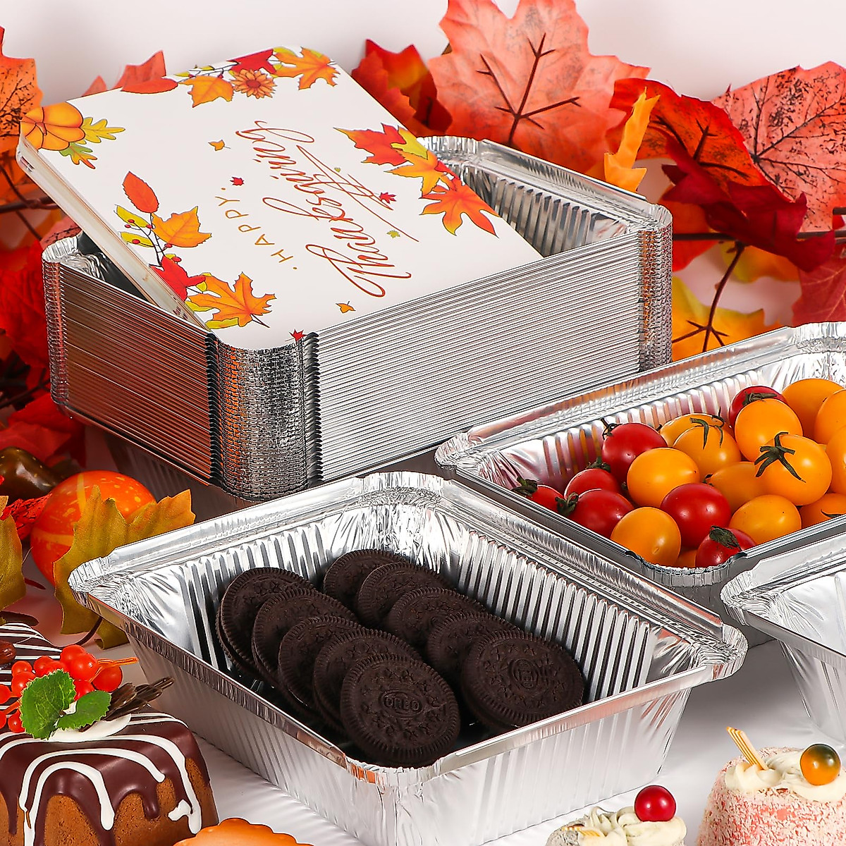 Thanksgiving Aluminum Food Containers with Lids, Thanksgiving Leftover Containers 48 PCS Disposable Turkey Tin Foil Pans Thanksgiving Party Supplies