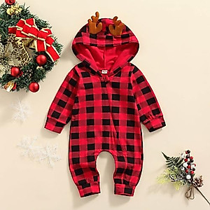 LIOMENGZI Christmas Baby Girl Boy Romper Clothes Red Plaid Checked Hooded Bodysuit Jumpsuit Xmas Toddler Baby Xmas 1st Outfit (Red, 6-12 Months)