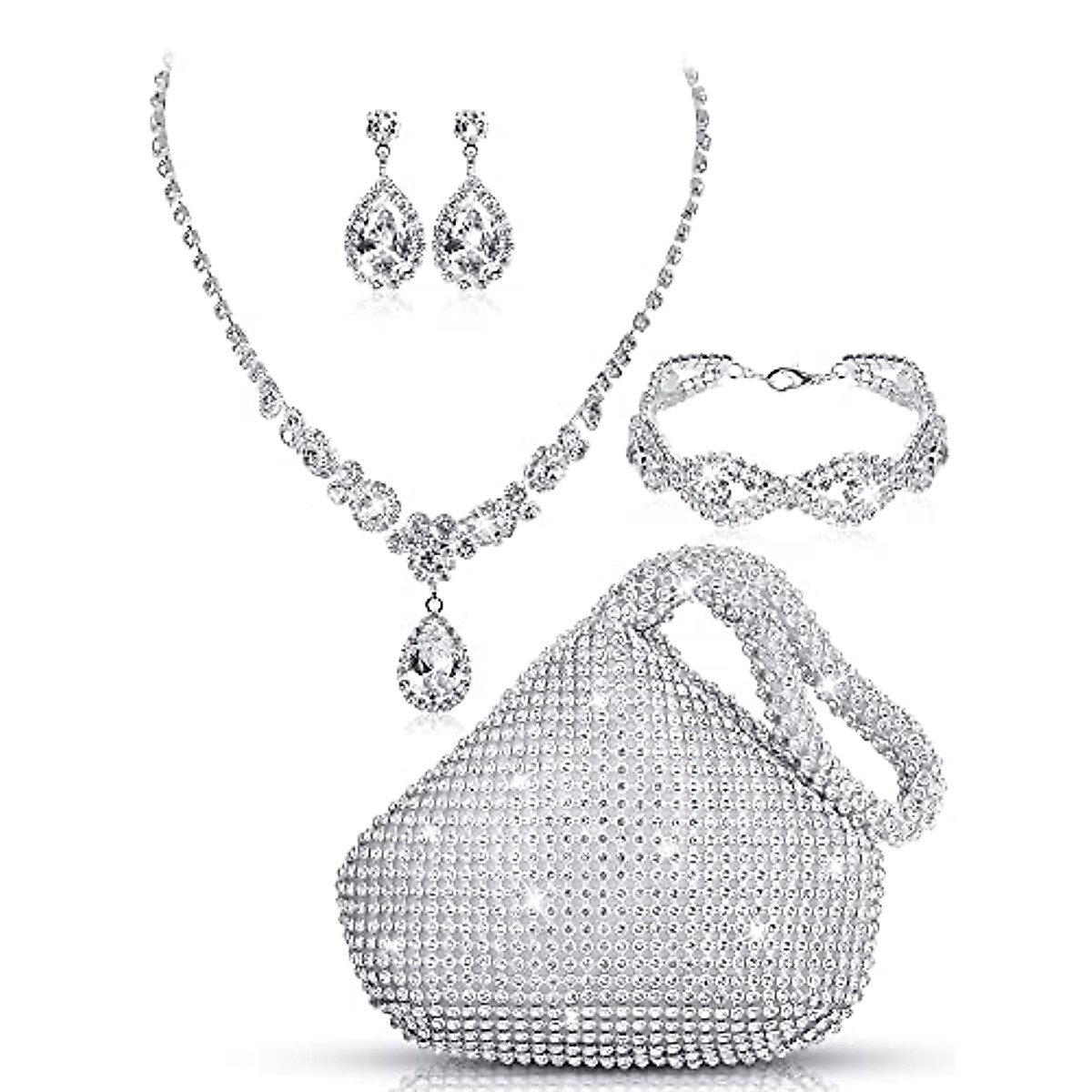Meanplan 4 Pcs Silver Purse Jewelry Set for Women Rhinestone Wedding Bride Jewelry Prom Evening Party Accessories Silver Clutch Purse (Modern Style)