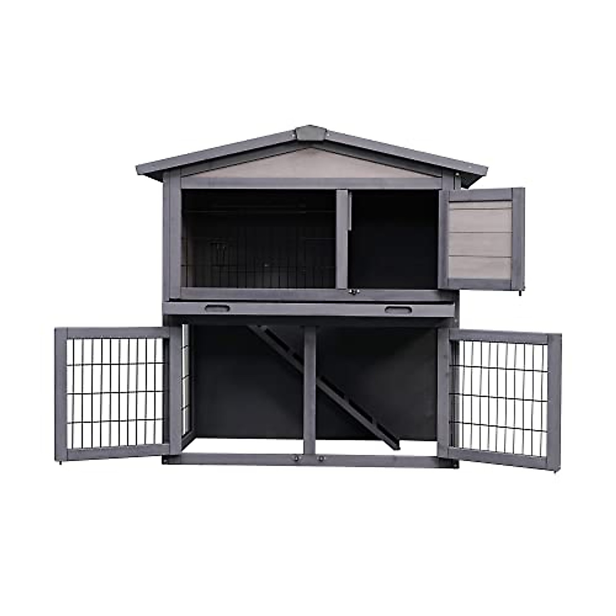 Ampela 2 Level Rabbit Hutch Outdoor, Wooden Bunny Guinea Pig Hutch with Outdoor Run Water Resistant Roof Pull Out Tray Ramp