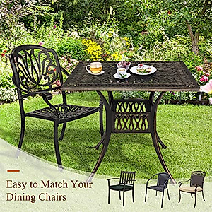 VINGLI Patio Dining Table, Patio Table with Umbrella Hole Outdoor Dining Table, Cast Aluminum Outdoor Bistro Table Outdoor Furniture Garden Table (35.4”Lx35.4”Wx29.5”H)