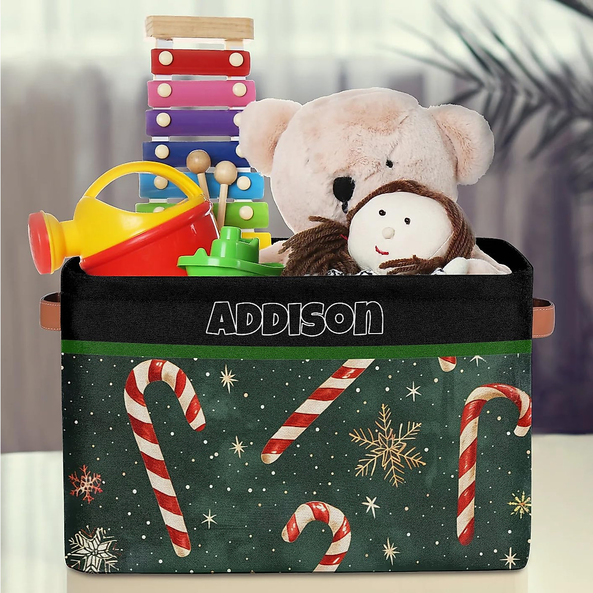 KFNHN Personalized Storage Bins, Customized Name Storage Basket Rectangle Clothes Organizer for Organizing Kids and Pets Toys Shelf Closet, Merry Christmas Green Candy Cane Snowflake