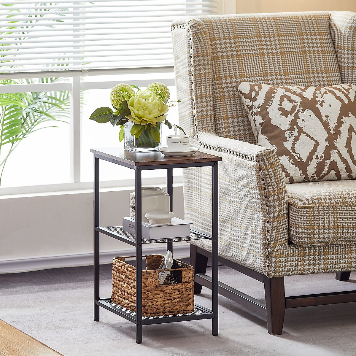 VECELO End Side Table with Storage Shelf, Industrial Night Stand , 3-Tier Small Nightstand for Living room, Bedroom