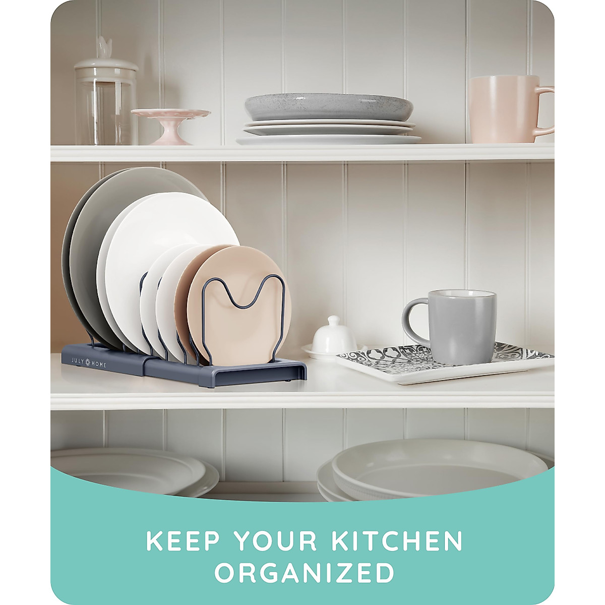 JULY HOME Expandable Pot and Pan Organizer Rack for Cabinet, Pot Lid Organizer Holder with 7 Adjustable Compartments, Cutting Board, Cookware, Bakeware & Frying Rack Organizer for Cabinet (Gray)