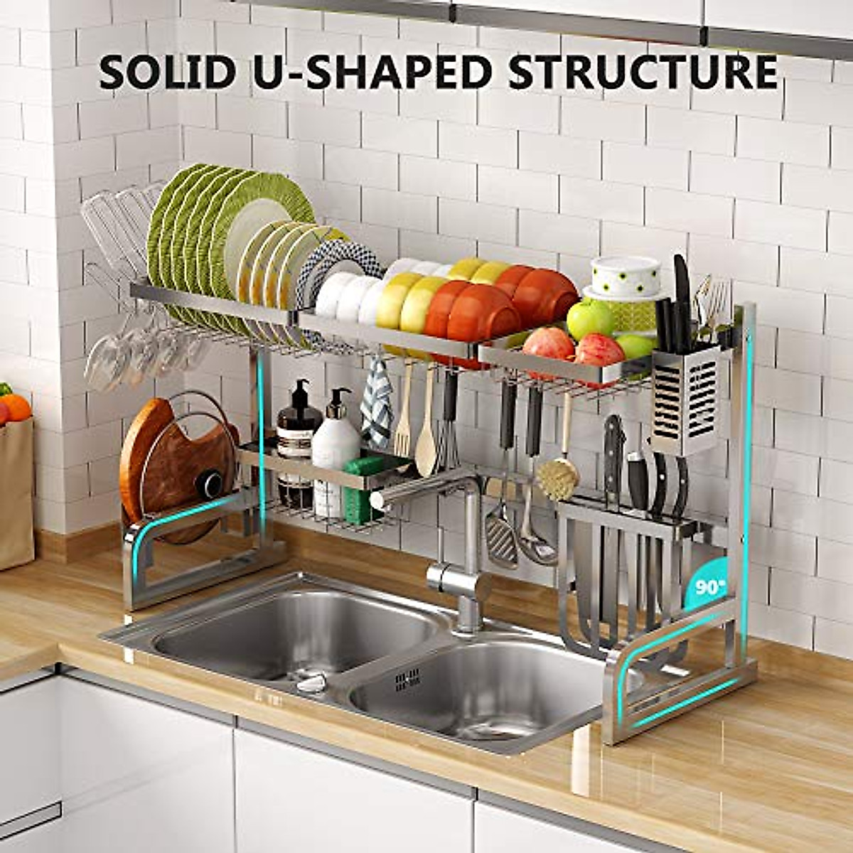 1Easylife Over The Sink Dish Drying Rack Adjustable 2-Tier Large Dish Dryer Rack for Kitchen Organizer Storage Space Saver Shelf Utensils Holder with 7 Utility Hook Tableware Drainer (Silver)