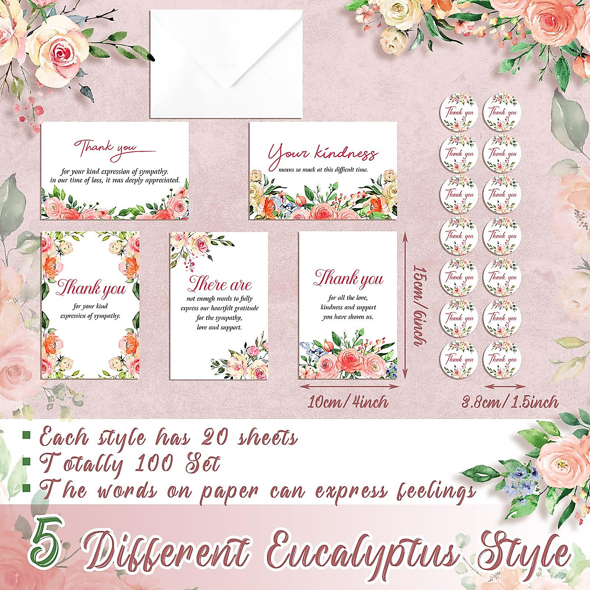 Jetec 100 Pack Pink Rose Funeral Sympathy Bereavement Thank You Cards with Envelopes and Stickers Bulk Greeting Cards for Family Loved Ones Bus Driver Wishes Holiday Celebration