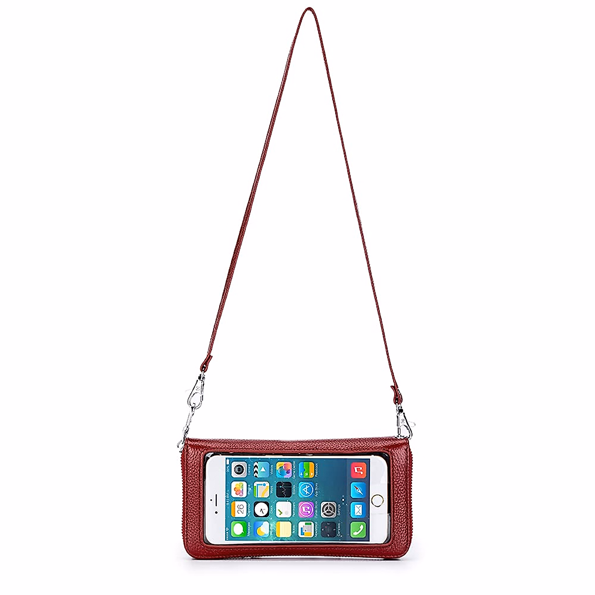 Genuine Leather Shoulder Bag Cell Phone Bag with Touch Screen Window Women Wallet Purse with Card Slots Coin Pouch Wine Red