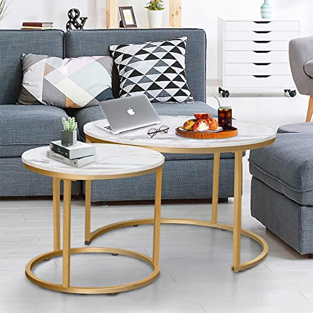 aboxoo Coffee Table Nesting White Set of 2 Side Set Golden Frame Circular and Marble Pattern Wooden Tables, Living Room Bedroom Apartment Modern Industrial Simple Nightstand