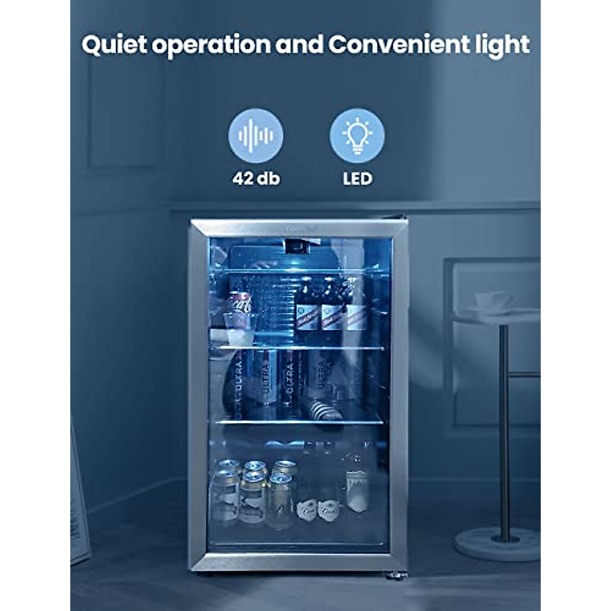 COMFEE' CRV115TAST Cooler, 115 Cans Beverage Refrigerator, Adjustable Thermostat, Glass Door With Stainless Steel Frame, Reversible Hinge Door And Legs For Home, Apartment