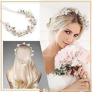 Prasacco Women Flower Headband With Ribbon, Bridal Headband Flower Hair Vine Wedding Hair Accessories Wreath Wedding Party Ladies Girls Garlands Floral Crown Hairband