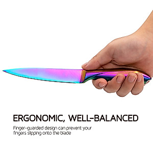 WELLSTAR Rainbow Kitchen Utility Knife 5 Inch, Super Sharp Fine Edge Fruit Vegetable Slicing Knife with German Stainless Steel Forged Blade and Titanium Coating – Small Multipurpose Knife