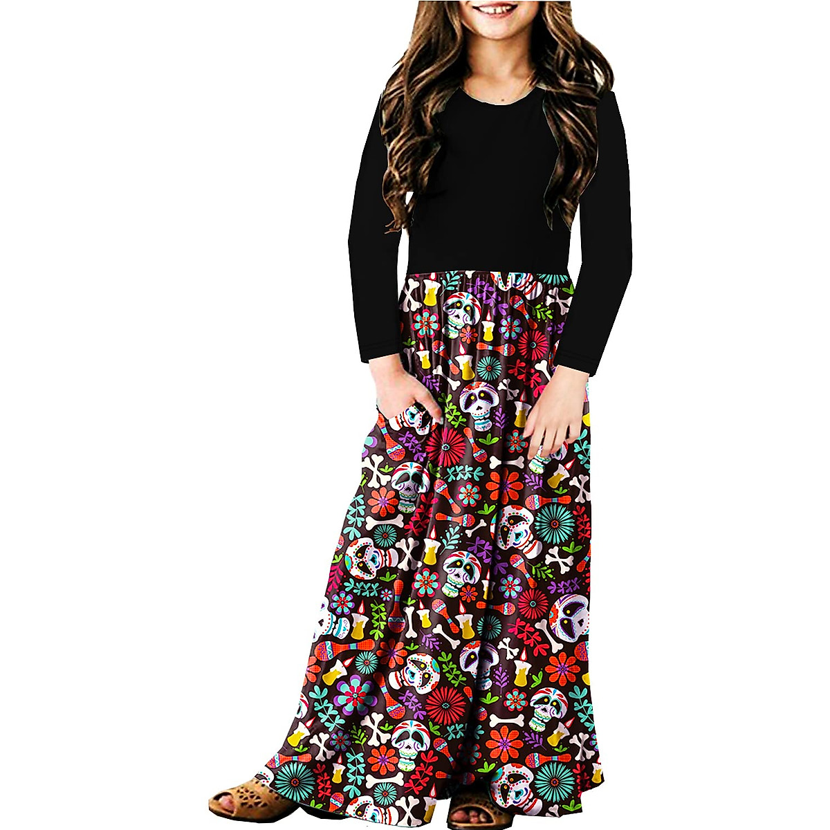 Girl's Halloween Dresses Sugar Skull Day of The Dead Skeleton Cosplay Maxi Dress 11-12 Years