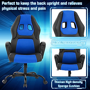 Gaming Chair PC Computer Chair Office Chair for Adult Teen Kids, Ergonomic PU Leather Gamer Chair with Lumbar Support High Back Adjustable Rolling Swivel Desk Chair, Blue