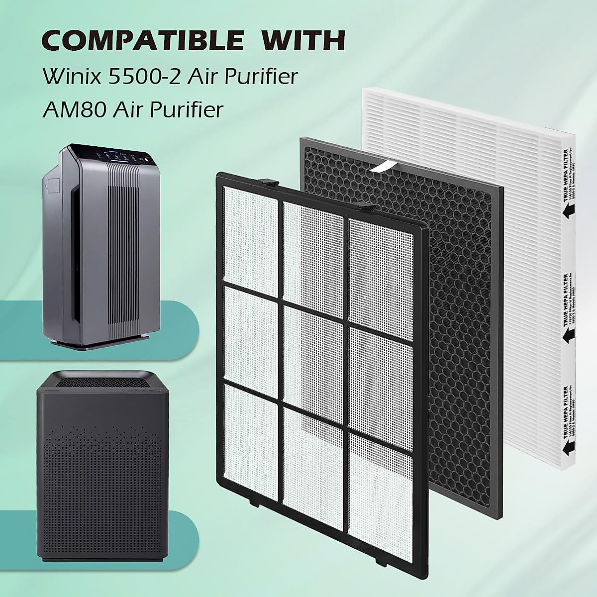 SAKEGDY 116130 Replacement Filter H fit for Winix 5500-2 Air Cleaner Purifier and Winix AM80, Package Contain 1 Washable Pre-Filter+2 HEPA Filter+2 Activated Carbon Filter Combo Pack