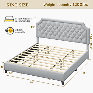 YITAHOME King Size Velvet Bed Frame with Adjustable Headboard, Upholstered Platform Bed with Deep Button Tufted and Rivet Decor, Strong Wooden Slats, No Box Spring Needed, Easy Assembly, Grey