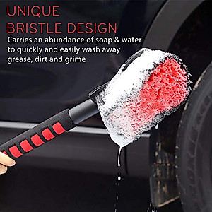 TAKAVU Long Handle Wheel Tire Body Brush, 17.5” Car Wash Brush for Easy Scrubbing, Durable Premium Soft Bristle, Cleans Dirty Tires & Releases Dirt and Road Grime