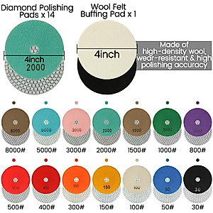 4 Inch Diamond Polishing Pads,16 Pack Wet/Dry Polish Pad Kit with 5/8’’-11 Backer Pad for Drill, Grinder, Polisher,30-8000 Grit Pads for Granite Marble Concrete Stone Quartz